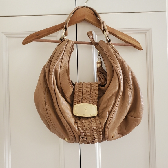 bill blass | Bags | Bill Blass Large Ruffled Hobo Bag Tan Leather With ...